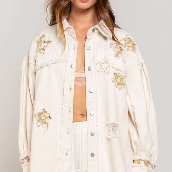 POL | Jackets & Coats | Pol Star Patch Distressed Fringe Buttonup Denim ...